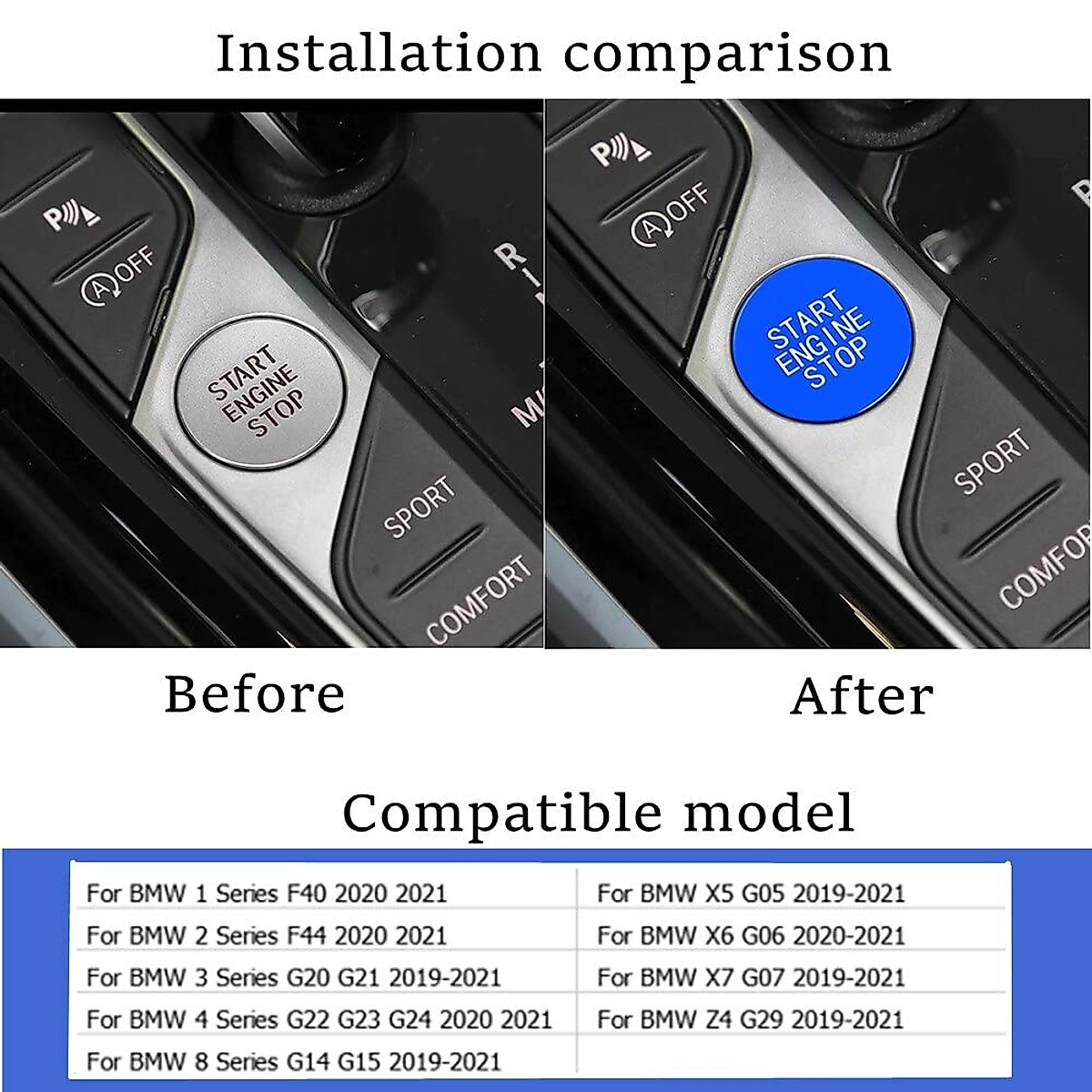 CHEYINGCHIDIY Blue Car Engine Start Stop Switch Ignition Button Cover Replacement Compatible with BMW 1 2 3 4 8 X5 X6 X7 Z4 Series F40 F44 G20 G22 G14 G05 G06 G29