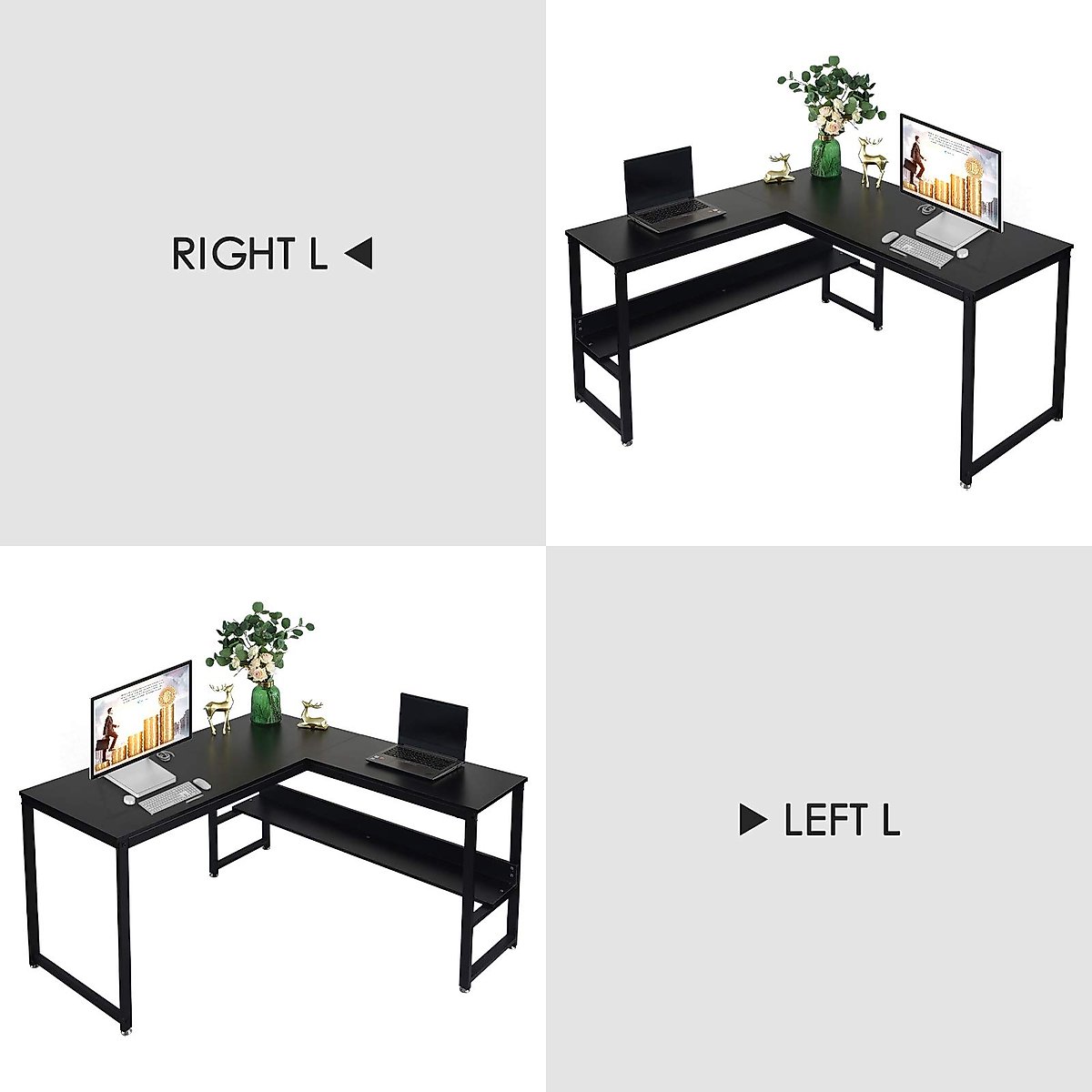 NSdirect L-Shaped Desk,Corner Computer Desk for Home Office Black Large L Desk for Gaming Big Table with Bookshelf,Space-Saving Workstation,Black