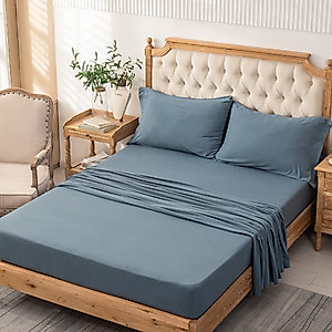 PURE ERA Jersey Knit 4pc Bed Sheet Set 100% T-Shirt Cotton Super Soft Comfy Breathable Fits Mattress Up to 20" Extra Deep Pocket (Solid Cerulean Blue, King)