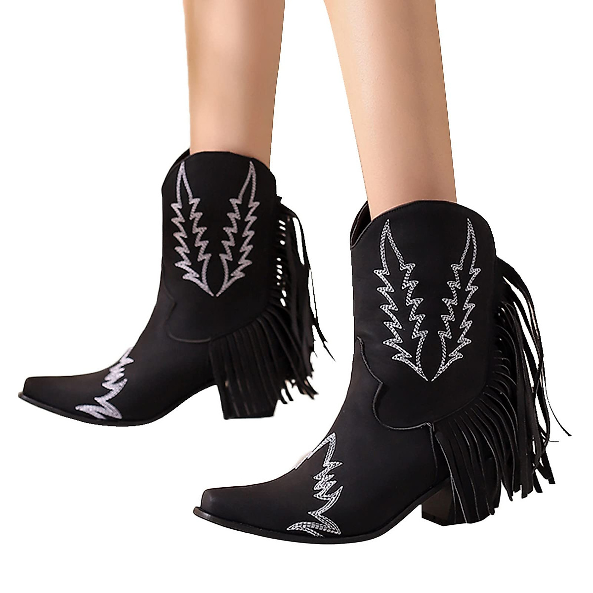 women boots cowgirl vintage fringed western cowboy solid slip on outdoor chunky heel booties shoes low heel side zipper brown cowgirl boots for women chelsea boots