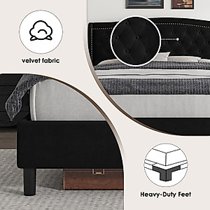 HOSTACK Queen Size Bed Frame, Modern Upholstered Platform Bed with Wingback Headboard, Heavy Duty Button Tufted Bed Frame with Wood Slat Support, Easy Assembly, No Box Spring Needed(Black, Queen)
