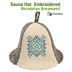 PetriStor Ukrainian Sauna Hat Ornament Blue - Hats Sauna Hat for Men - Ukraine Sauna Hat for Men - Bathhouse Hat - Natural Felt - Sauna Hat Finnish - Wool Sauna Hat for Men