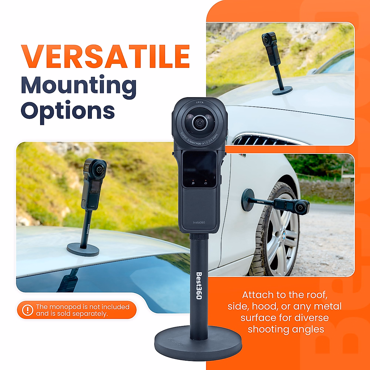 Best360 Black Rubber Coated 88MM Circular Magnetic Camera Mount and 10CM Aluminium Spacer, Compatible with Insta360 X4/X3/ONE X2/ONE RS/ONE RS-1 INCH/GoPro/AcePro, Car 360 Action Camera Mount