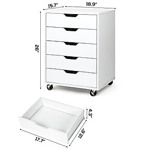 TUSY 5-Drawer Organizer, Tall Chest of Drawers with Caster Wheels, Alex Drawers File for Home Office, White