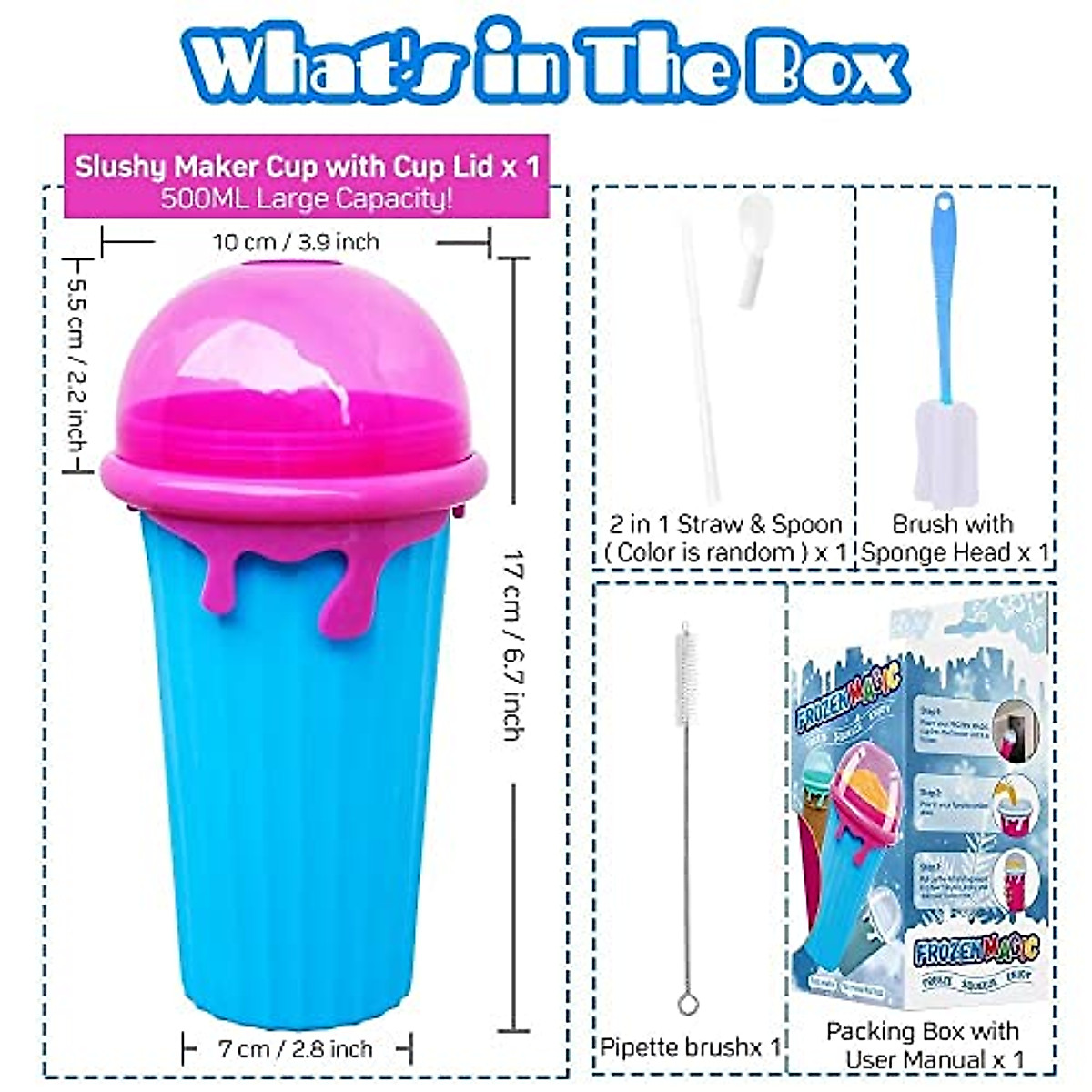 Slushy Maker Cup - Upgraded 500ML Magic Quick Smoothie Cup, Homemade Slush and Shake Maker, Double Layer Silica Pinch Cup with Spoon & Cleaning Brush for Ice Cream Maker, Milkshake, Summer - Blue New