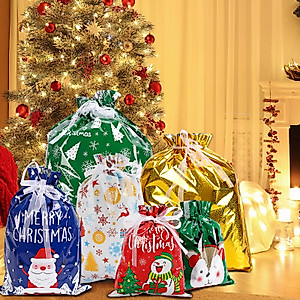Superlele Christmas Drawstring Gift Bags 32pcs Assorted Sizes Christmas Bags Foil Wrapping Sacks Pouches Santa Goody Bags in 4 Sizes and 7 Designs for Xmas Holiday Presents Party Favor