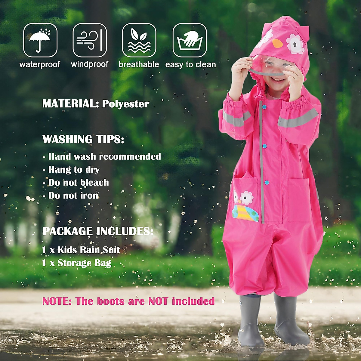 Kids Toddler Rain Suit for Boys Girls One Piece Hoodie Zipper Cute Cartoon Owl Waterproof Rain Jacket 7-9 Years XL Size