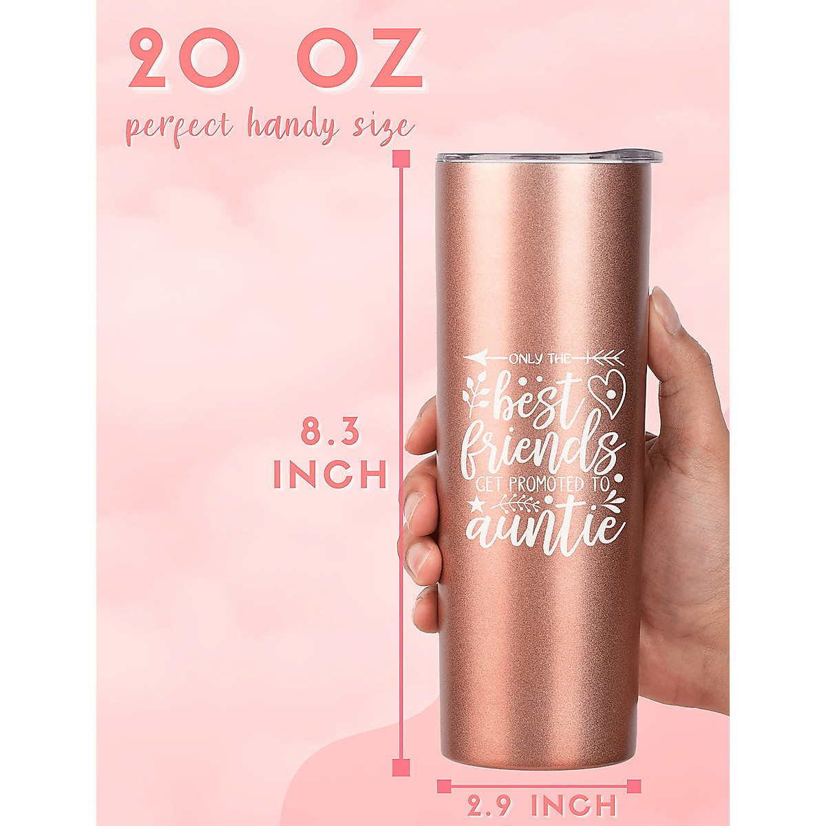 Onebttl Aunt Gifts from Niece, Nephew, Insulated Stainless Steel Wine Tumbler with Lid and Straw, 20 oz, Gifts for Auntie on Pregnancy Announcement, Rose Gold, The best friends get promoted to auntie