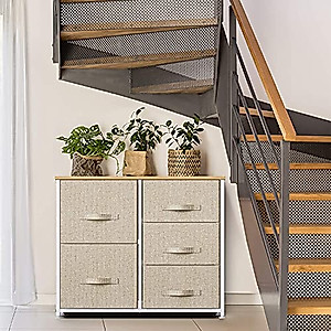 Pipishell Fabric Dresser, 5 Drawer Storage Chest Tower, Organizer Unit for Bedroom, Hallway, Entryway, Closets and Living Room -Sturdy Steel Frame, Wood Top, Easy Pull