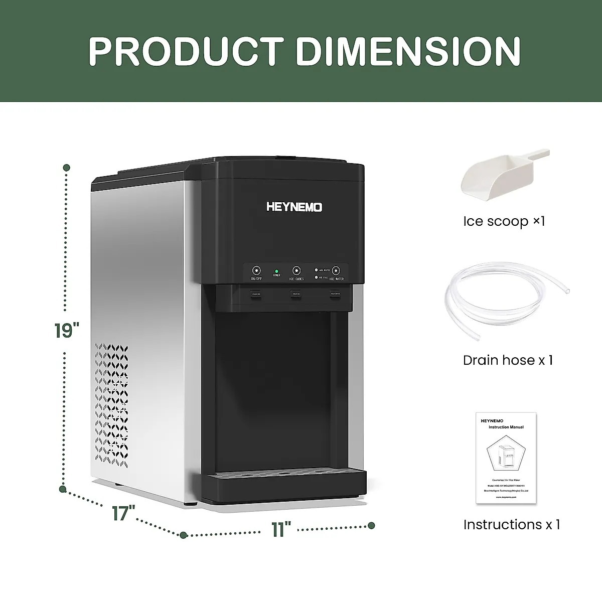 HEYNEMO Nugget Ice Maker Countertop, 3 in 1 Ice Dispenser for Ice Making, Ice Crushing & Ice Water, Water Cooler, 44lbs in 24Hrs, 12 Ice Cubes in 6 Mins, Ideal for Home, Kitchen, RV