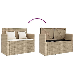 vidaXL Outdoor Loveseat Bench - Beige Poly Rattan, Weather-Resistant Patio Furniture with Cushions, Under-Seat Storage, and Gas Spring