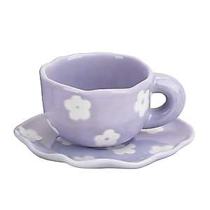 Koythin Ceramic Coffee Mug with Saucer Set, Cute Creative Cup Unique Irregular Saucer Design for Office and Home, 6 oz/180 ml for Latte Tea Milk, Mothers Day Gifts (Purple Flower)