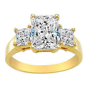 Size 4.5 - Solid 14k Yellow Gold 3 Three Stone Emerald-Cut/Shape Solitaire with Princess Cut Side Stones CZ Cubic Zirconia Engagement Ring 2.5ct.