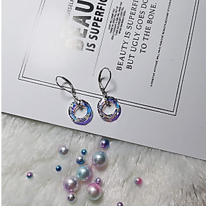 925 Sterling Silver Circle Earrings with Austria Crystal Leverback Dangle Earrings Hypoallergenic Jewelry for Women Mom (Aurore Borealis Crystal Earrings)