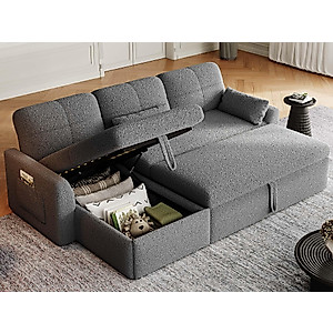 DWVO 86" Sectional Sofa Couch, 2 in 1 Sleeper Sofa Bed with Reversible Storage Chaise Pull Out Bed, L-Shape Sofa Bed for Living Room, Side Storage Pocket, Teddy Fleece, Grey