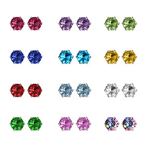 12 Pairs Stainless Steel CZ Stud Earrings for Women, Brilliant Cut Round Cubic Zirconia Stud Earrings, Birthstone Stud Earrings Set 3mm