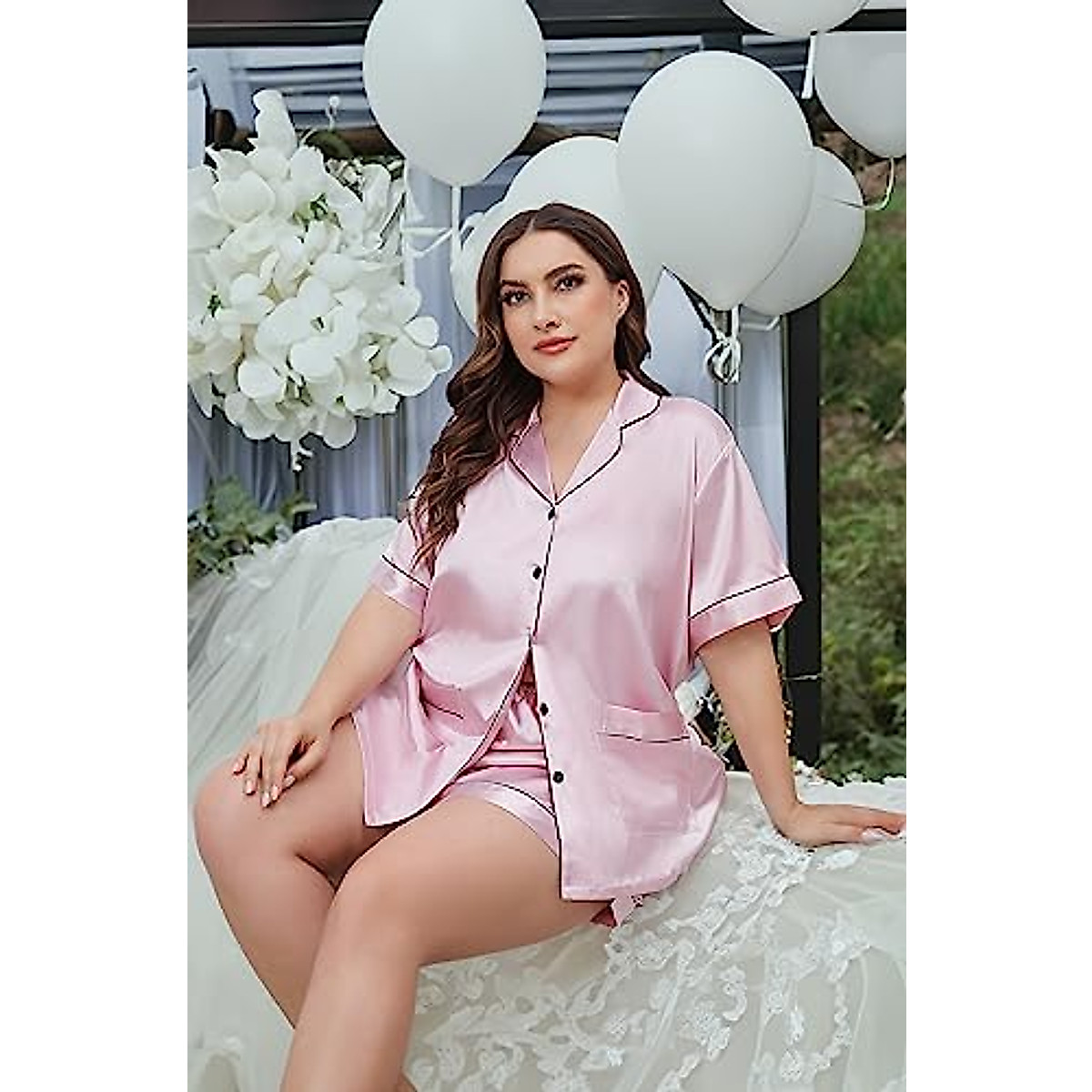 SWOMOG Women's Plus Size Silk Pajamas Button Down Top Pj Satin Shorts Loungewear 2 Pieces Short Sleeve Sleepwear with Pockets Pink