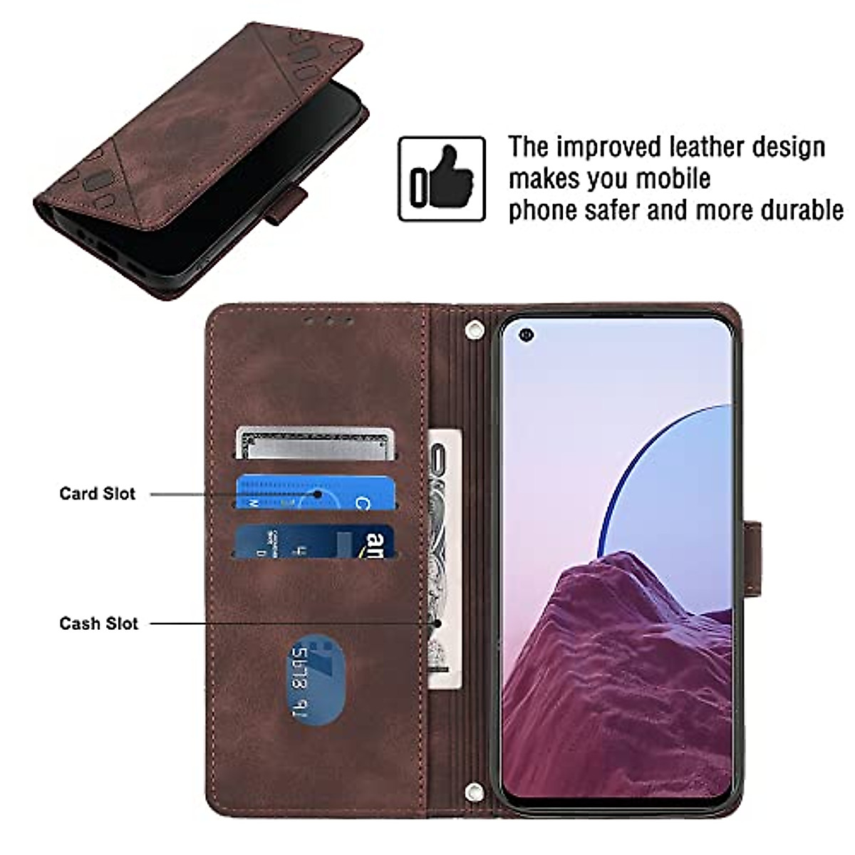 NVWA Compatible with Oppo A96 / Reno 7Z 5G Credit Card Case with Wallet Kickstand Wrist Strap and Long Lanyard Brown Leather Crossbody Protective Cover with Embossed Design