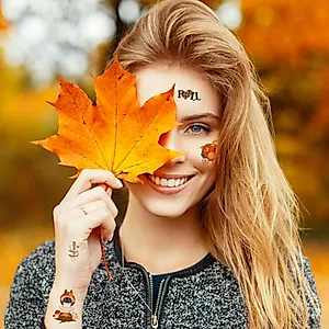 65 Pieces Fall Temporary Tattoos for Kids, 12 Sheets Autumn Harvest Thanksgiving Temporary Tattoo Stickers With Pumpkin Maple Leaves Squirrels Deer Design for Fall Party Decorations Favors Festival