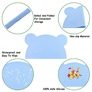 M MOACC Toddlers Non-Slip Silicone Placemat Cute Bear Kids Placemats Washable Dining Table Food Mat for Children Baby,Blue