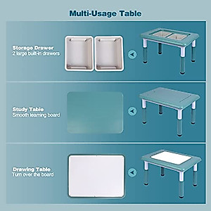 RedSwing 3 in 1 Kids Table and Chair Set, Multi Activity Drawing Table with 2 Chairs for Toddlers, Plastic Height Adjustable Play Table with Storage Bins, Blue