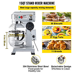 VEVOR Commercial Stand Mixer, 15Qt Stainless Steel Bowl, 500W Heavy Duty Electric Food Mixer with 3 Speeds Adjustable 113/184/341 RPM, Dough Hook Whisk Beater Included, Silver