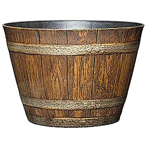 Classic Home and Garden Whiskey Resin Flower Pot Barrel Planter, Oak Brown, 9"