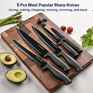 Gourmetop Kitchen Knife Set with Block 15 pcs, Kitchen Knife Block Set with Wood Acrylic Stand, Sharp Knife Set with Sharpener, Scissors, and Peeler, Black Cooking Knives Set for Kitchen Cutting