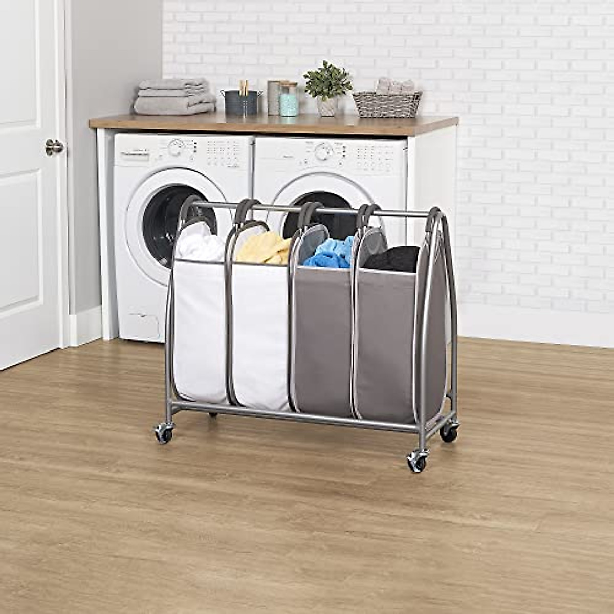 4 Pocket Laundry Hamper With Wheels by Neatfreak! - Rolling Storage Cart With 4 x Dirty Clothes Hamper Tote Bags For Towels, Blankets & Bathroom Organization - Quad Laundry Sorter - 39 x 16 x 35 in