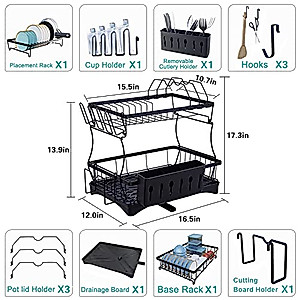 Large Dish Drying Rack with Drainboard, 2 Tier Dish Drainers with Controllable Drainage for Kitchen Counter, with Pot lid Holder, Utensil Holder, Cup Holder, Cutting Board Holder and Extra Hooks