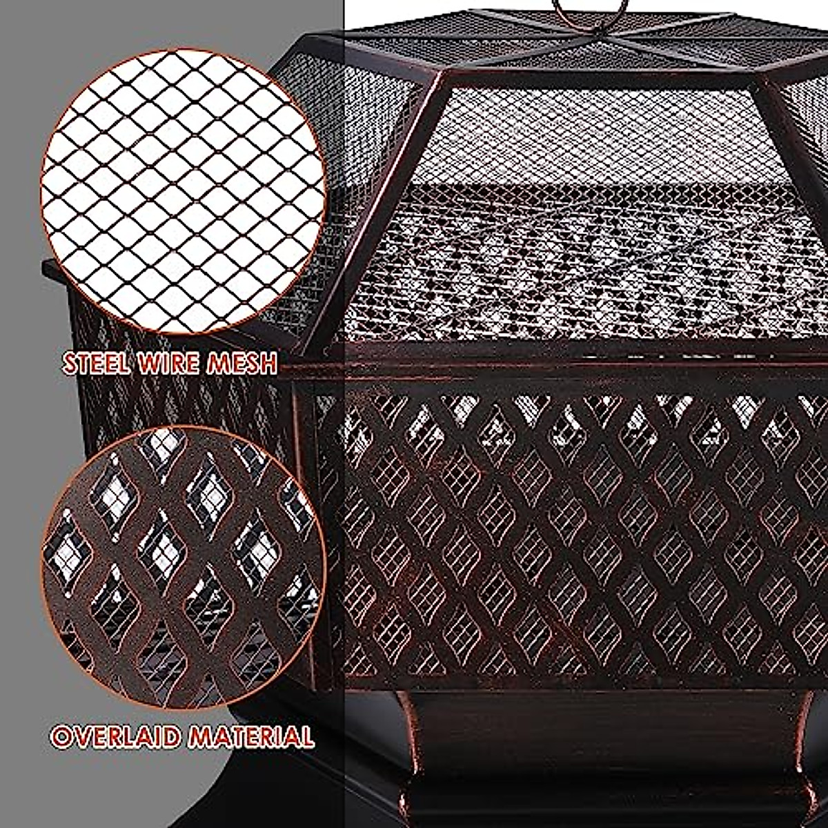 Arlopu 30/28'' Outdoor Grilled Fire Pit, Wood Burning Firepit, Patio Portable Pit, Hex Outside Camp Fireplace, W/ 20in Fire Poker, Spark Screen, 0.8mm Steel Base for Backyard,Terrace,Poolside,Gazebo