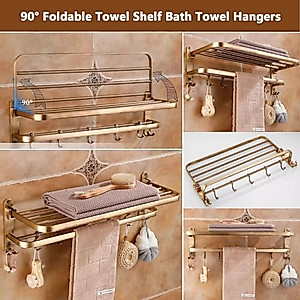 Bathroom Towel Rack Wall Mounted Towel Holder Bar Foldable Towel Shelf with Movable Towel Hooks Rustproof Aluminium Bath Kitchen Towel Holder Brushed Bronze Finish Towel Hanger Hardware Accessories (