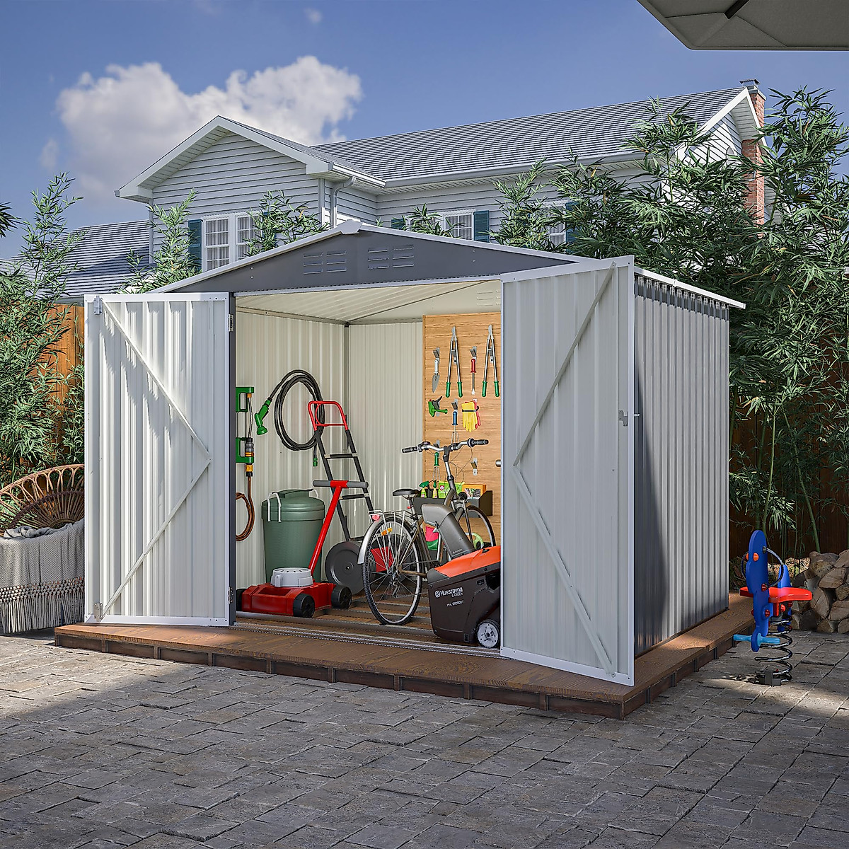 Outdoor Metal Storage Shed with Lockable Door, Garden Tool Shed with Metal Floor Base Outside Storage House Clearance Steel Yard Shed for Backyard, Patio, Lawn, Outside Use (8 x 6Ft-Gray)