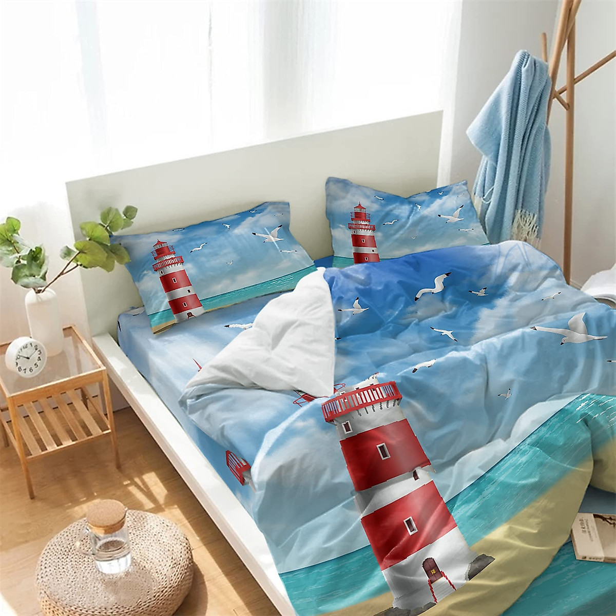 California King Duvet Covers Set Summer Ocean Beach Red Lighthouse 4 Pcs Bedding Sets Brushed Microfiber Quilt Covers Lightweight Cozy Flat Sheet with 2 Pillowcases Animal Seagulls Seascape Blue Sky
