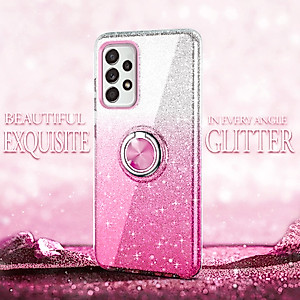 PeeTep Galaxy A52 5G Case for Girls Women, Slim Fit Glitter Sparkly Case with 360°Ring Holder Kickstand Magnetic Car Mount Shock-Absorbent Protective Sturdy Cover,Pink