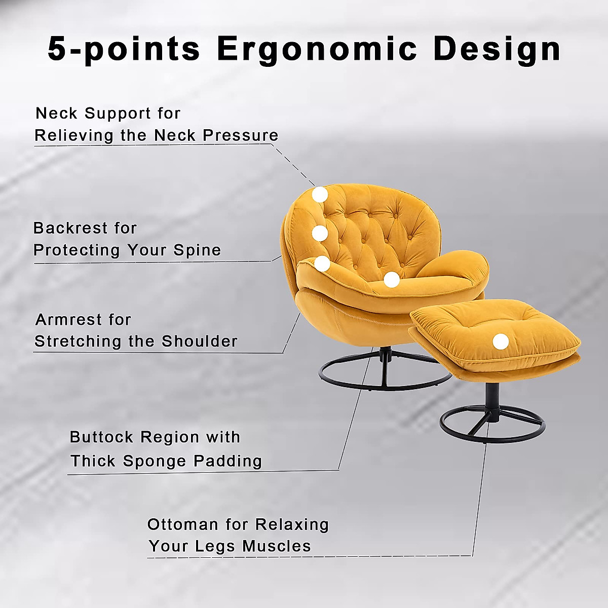 Baysitone Velvet Swivel Accent Chair with Ottoman Set, Modern Lounge Chair with Footrest, Comfy Armchair with 360 Degree Swiveling for Living Room, Bedroom, Reading Room, Home Office (Yellow)