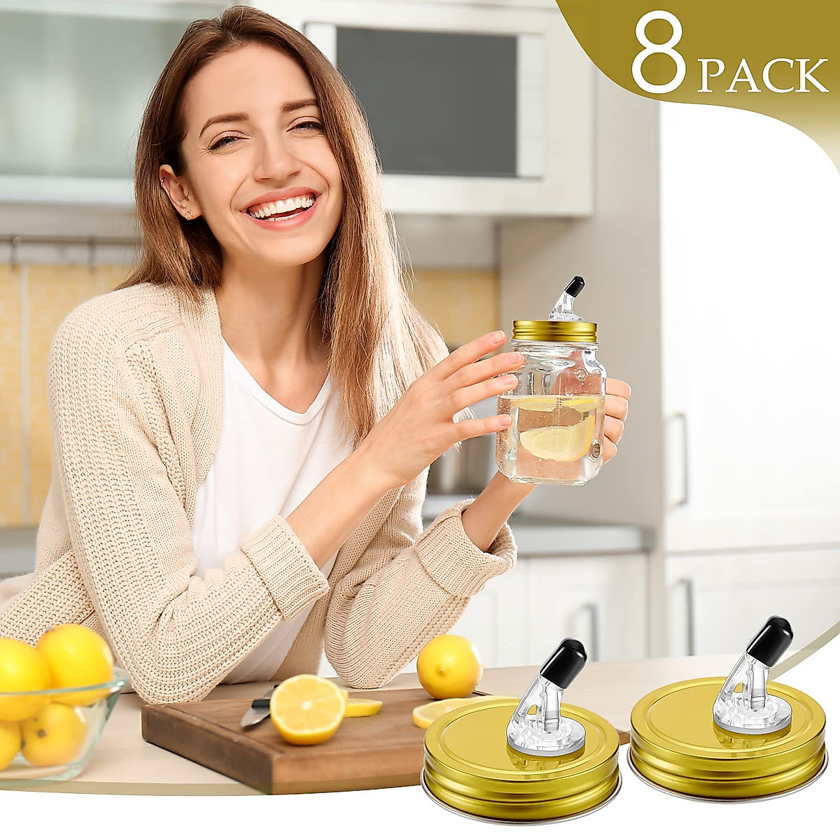 Tessco 8 Pcs Mason Jar Spouts with Flap Mason Jar with Spout Regular Mouth Size 70 mm Dispenser Leak Proof Germination Cover for Moonshine Whiskey Cocktail Liquid (Gold)