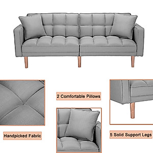 SLEERWAY Modern Futon Sofa Bed, Convertible Sleeper Sofa with Armrests and 2 Pillows, Recliner Couch with 5 Solid Wooden Legs, Twin Size Sofa for Living Room Handpicked Fabric (Light Grey)