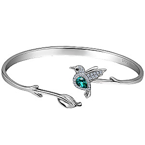 Jewever 925 Sterling Silver Hummingbird Bracelet For Women Cuff Cute Animal Bracelets Inlay Crystals Jewelry Gifts for Lady