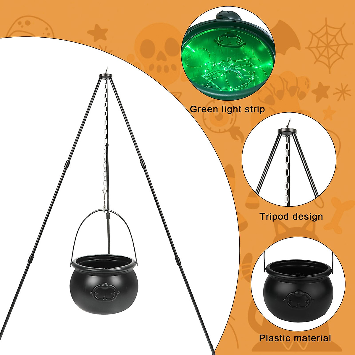 Halloween Witches Cauldron on Tripod, Halloween Cauldron with Green Lights, Halloween Outdoor Decor, Hocus Pocus Candy Bucket Decorations for Home Patio Garden Lawn Outside