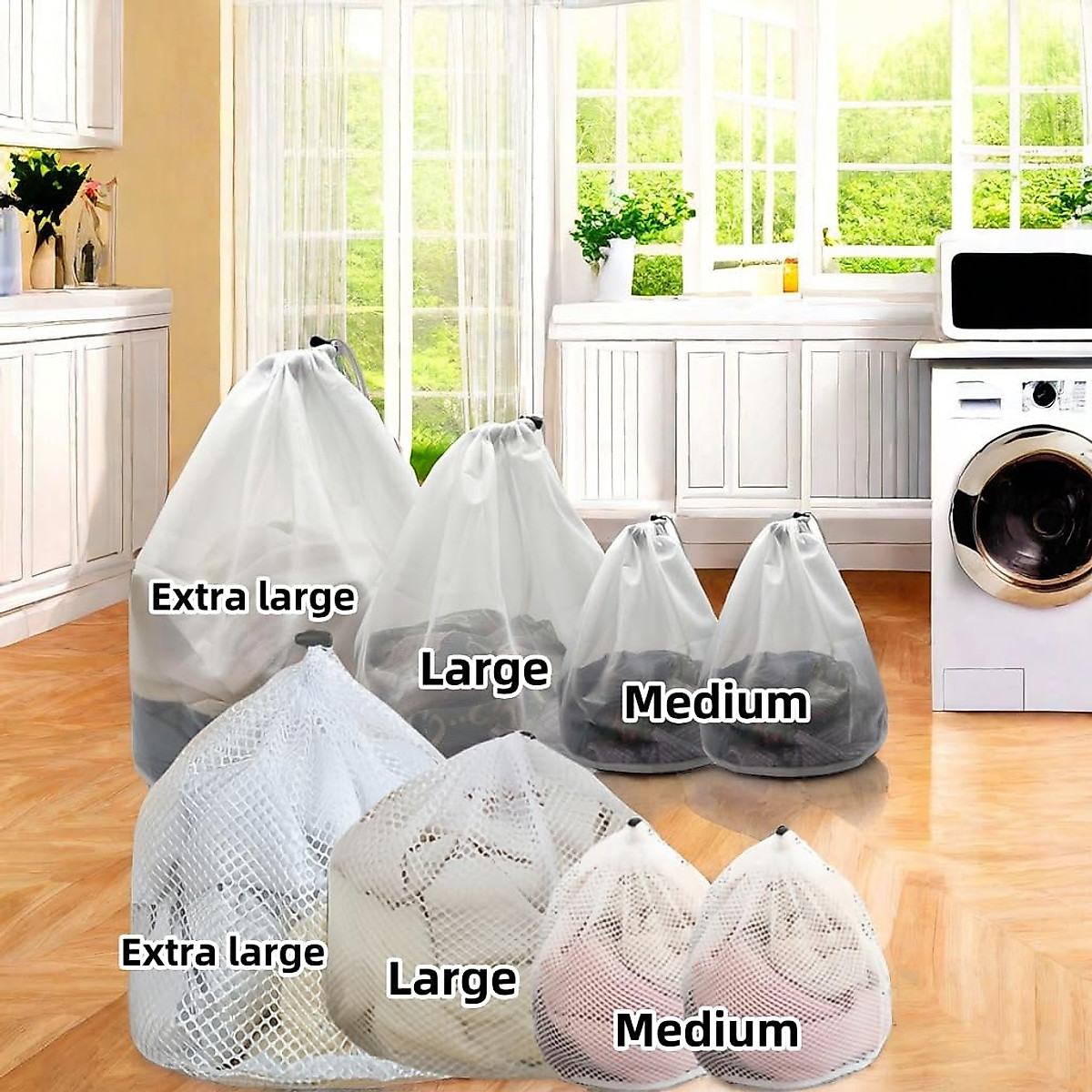 8Pcs Mesh Laundry Bag with Drawstring Closure, White Breathable Coarse & Fine mesh, Durable Mesh Laundry Bags for Washing Machine Delicates Clothes, Bed Linen,travel, Storage, 3 Sizes 2XL 2L 4M