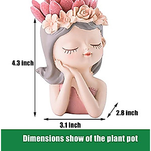 Yukawang Cute Succulent Pots Fairy Succulent Plant Pot, 4 Inch Indoor Resin Unique Cactus Flower Pot with Little Girl Head Face Planter Container for Home Office Desk Garden (D)