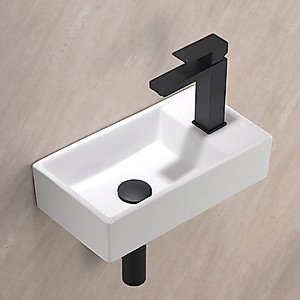 Wall Hung Basin Sink Small Cloakroom Basin Sink, Wall Mount Rectangle Ceramic Wash Basin Small Right Hand Vessl Bain Sink Set With Faucet&Drain For Bathroom