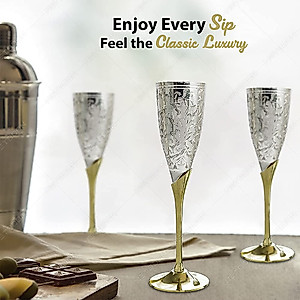 SIMCS HANDICRAFTS Royal Handmade Engraved Silver Plated Brass Champagne Flutes Set of 2 Wine Goblets for Valentine Wedding Christmas Housewarming Gifts with Presentation Velvet Bags