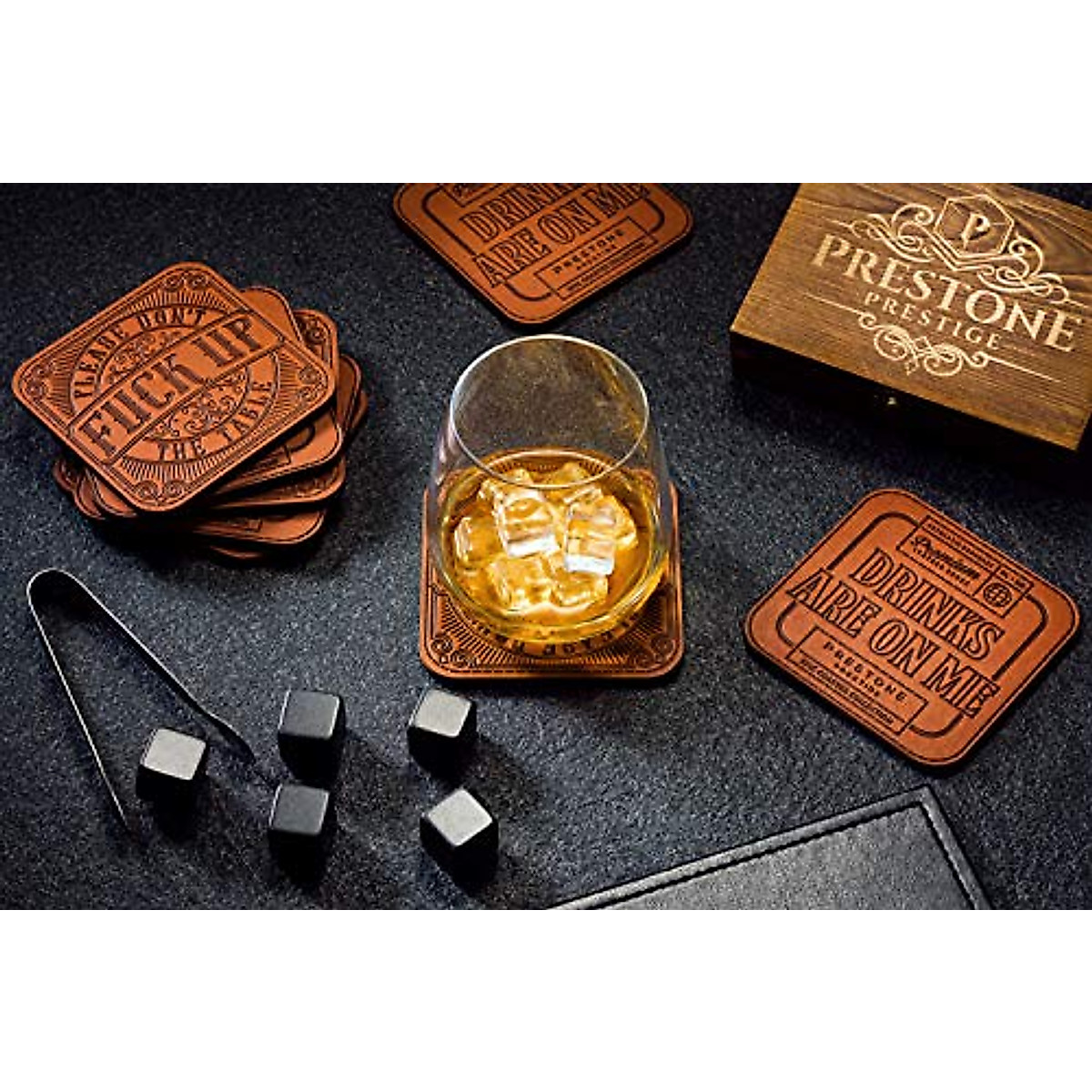 Funny Leather Coasters for Drinks Set of 4, Cool Rustic Drink Coaster, Cute Living Room Decor, Housewarming Gift for New Home (Brown Design 2)