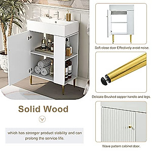 JUOFONE 21.6" White Bathroom Vanity with Sink Combo, Modern Bathroom Cabinet with Door, Freestanding Single Bathroom Vanity Set with Open Shelves (White_ Shelf on The Right)