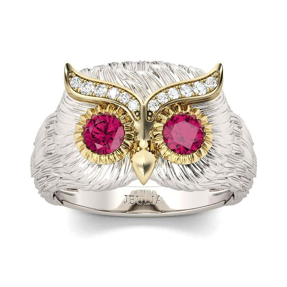 Jeulia 2 Carat Owl Rings for Women Round Cut Feather Engagement Ring 925 Sterling Silver Wedding Rings with Ruby Owl Eye CZ Solitaire Promise Anniversary Rings with Jewelry Gift Box (7)