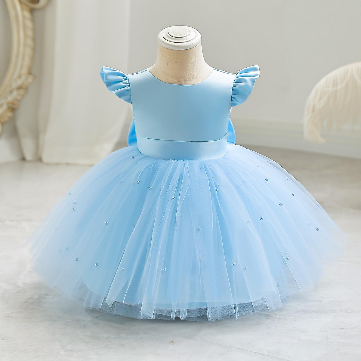 Baby Flower Girl Dress: Toddler Dress for Wedding First Communion Baptism Christening Dresses First Birthday Outfit Newborn Photoshoot Cake Smash Infant Kids Princess Tulle Gown Blue 18-24 Months