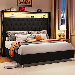 Jocisland Queen Size Bed Frame 53.6'' Tall Headboard LED Lights and Charging Station, Velvet High Upholstered Platform Bed Wingback Storage, No Box Spring Needed, No Motion Light Under Bed, Black