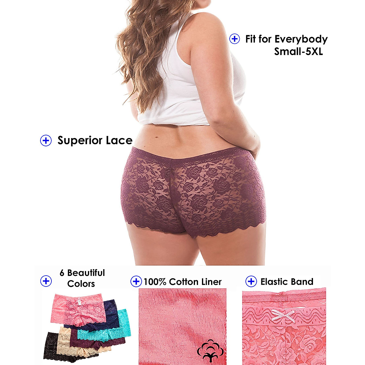 Barbra Lingerie Multi Pack of Women's Regular & Plus Size Lace Boyshort Panties (2XL, Rose)